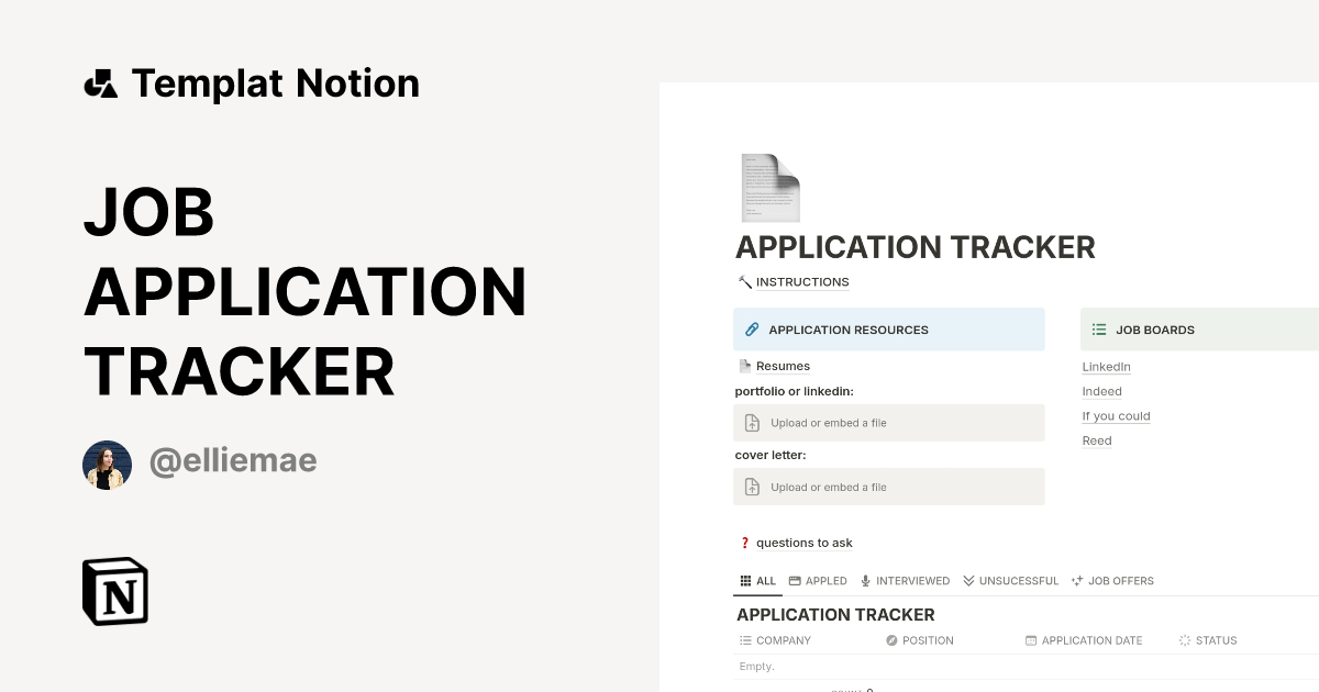 JOB APPLICATION TRACKER Templat oleh Ellie Mae | Notion Marketplace