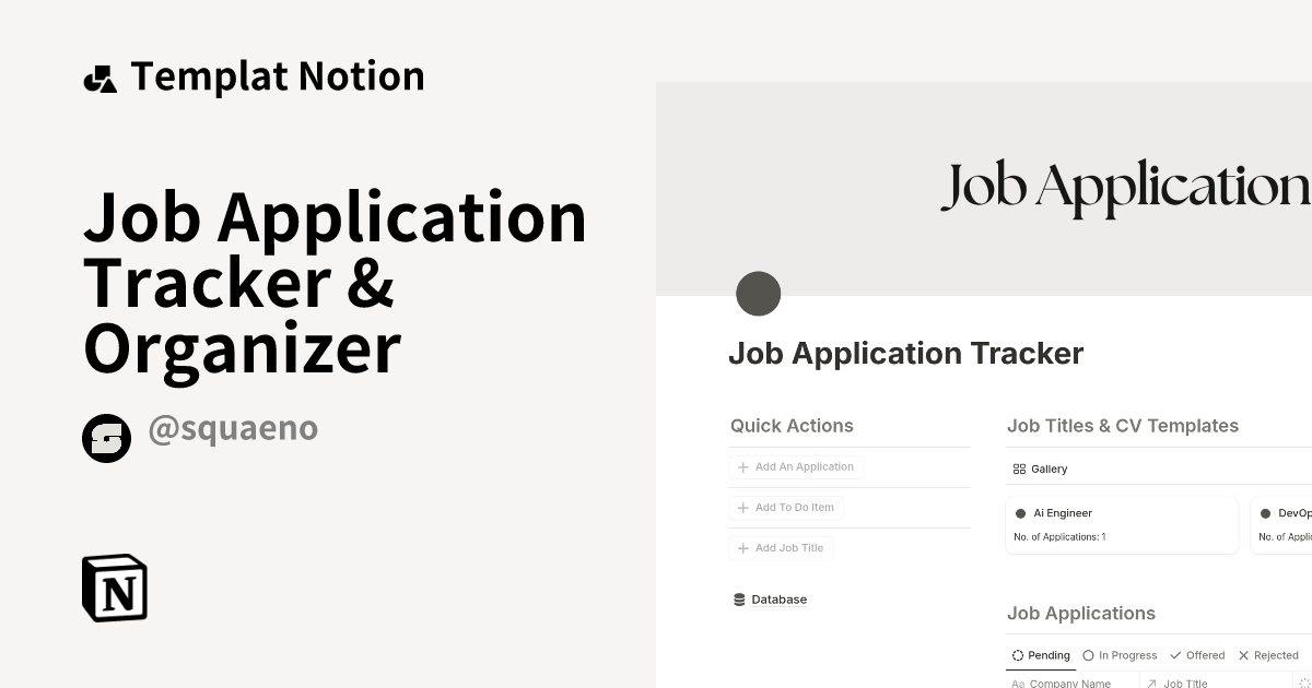 Job Application Tracker & Organizer Templat oleh Squaeno | Notion Marketplace