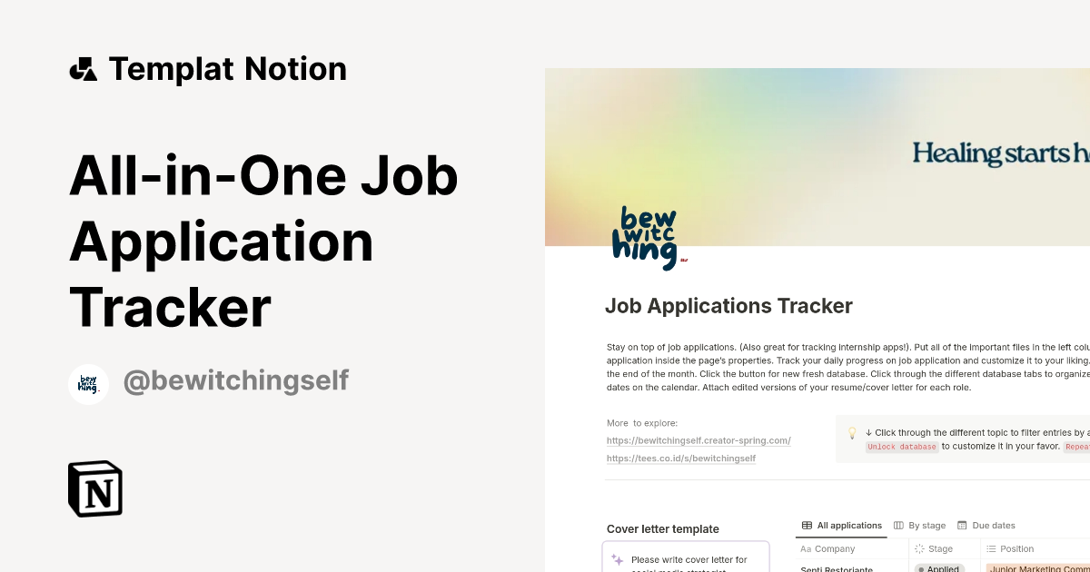 All-in-One Job Application Tracker Templat oleh bewitchingself | Notion Marketplace