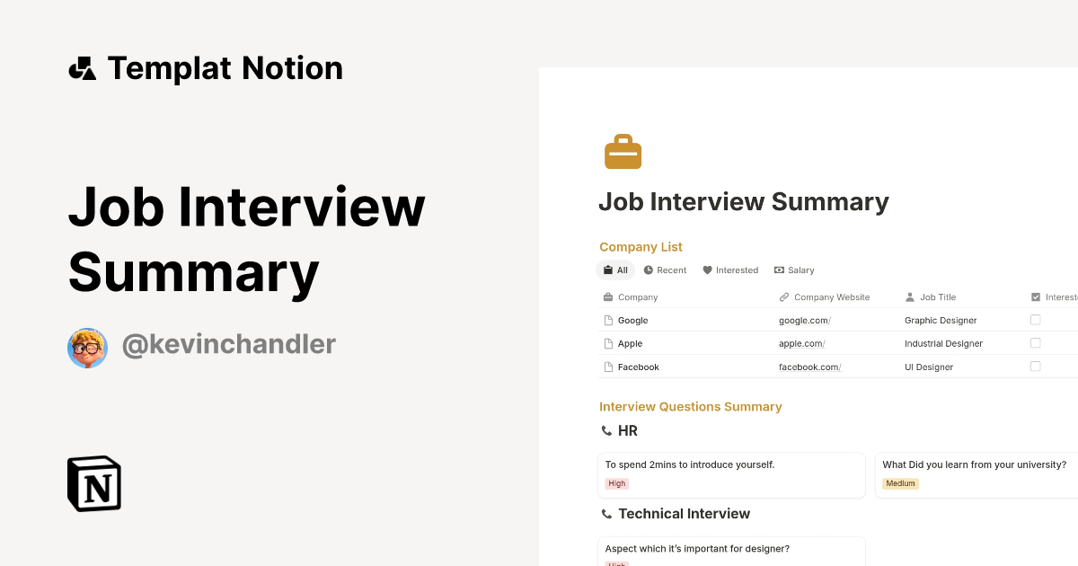 Job Interview Summary Templat oleh Kevin Chandler | Notion Marketplace