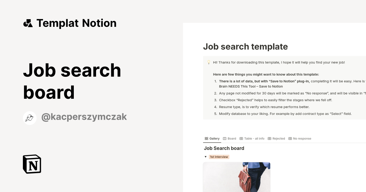 Job search board Templat oleh Kacper Szymczak | Notion Marketplace