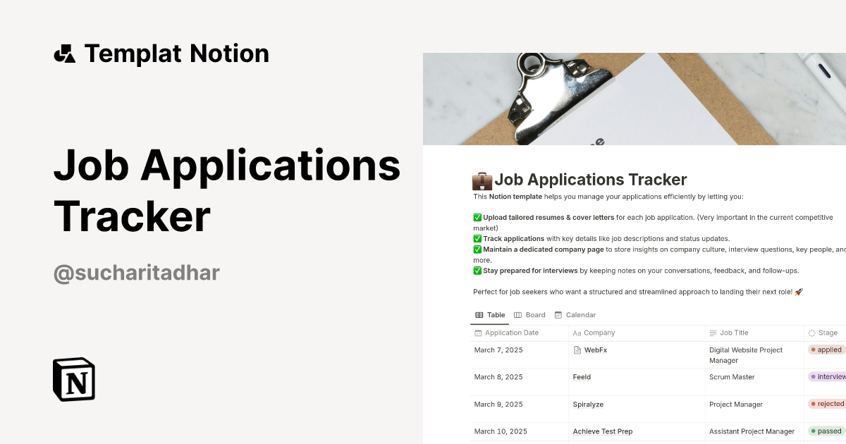 Job Applications Tracker Templat oleh Sucharita Dhar | Notion Marketplace