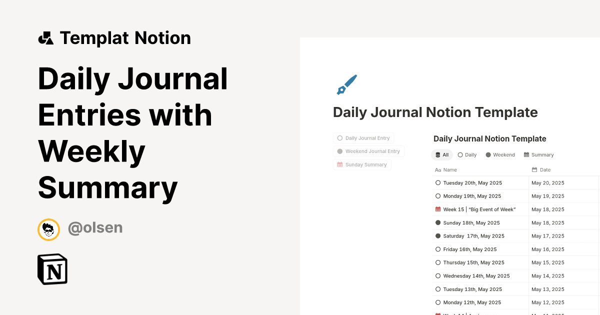Templat Daily Journal Entries with Weekly Summary | Notion Marketplace