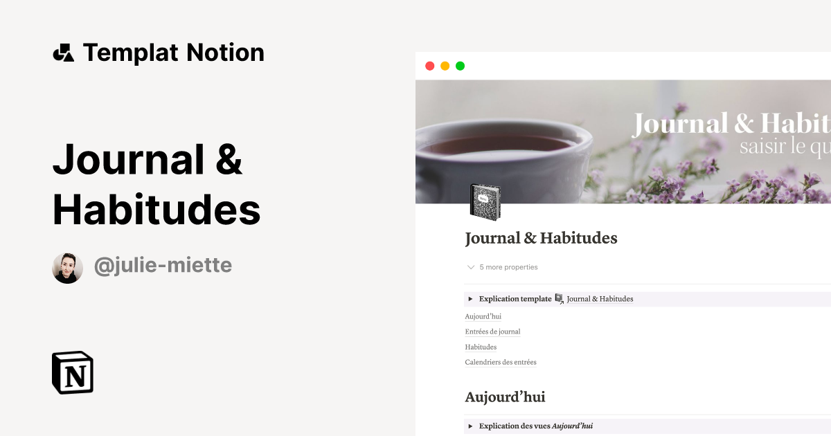 Journal & Habitudes Templat oleh Julie Miette | Notion Marketplace