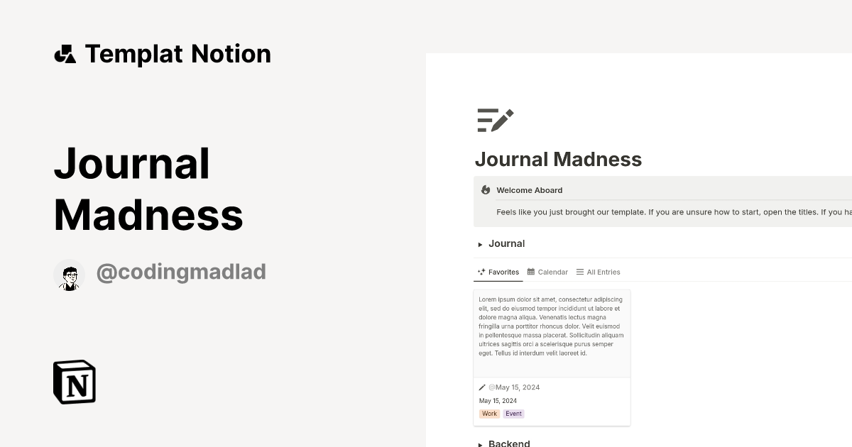 Journal Madness Templat oleh Coding Madlad | Notion Marketplace