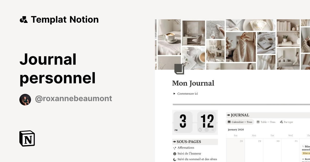 Journal personnel Templat oleh Roxanne Beaumont | Notion Marketplace