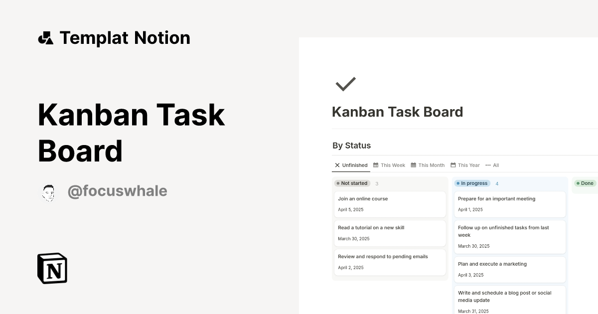 Kanban Task Board Templat oleh FocusWhale | Notion Marketplace