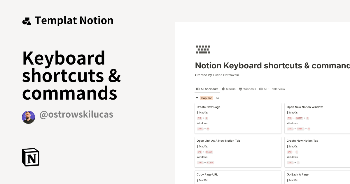 Templat Keyboard shortcuts & commands | Notion Marketplace