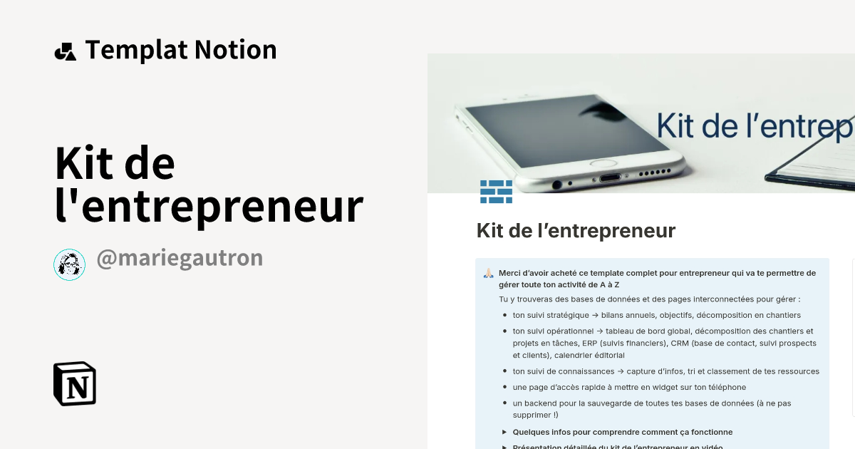 Kit de l'entrepreneur Templat oleh Marie Gautron 💙 WebOrga | Notion Marketplace
