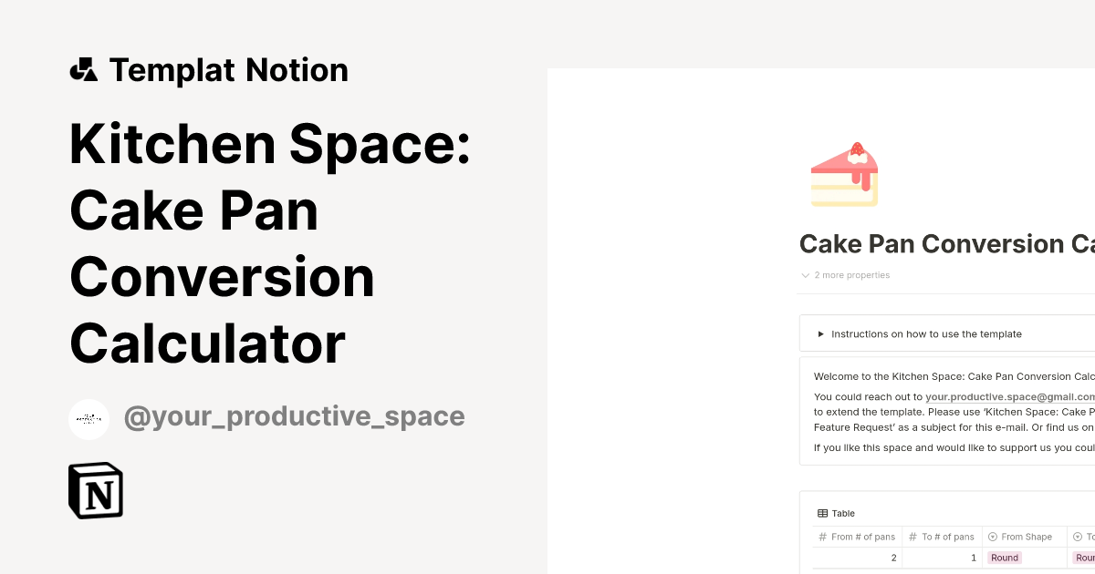 Templat Kitchen Space: Cake Pan Conversion Calculator | Notion Marketplace