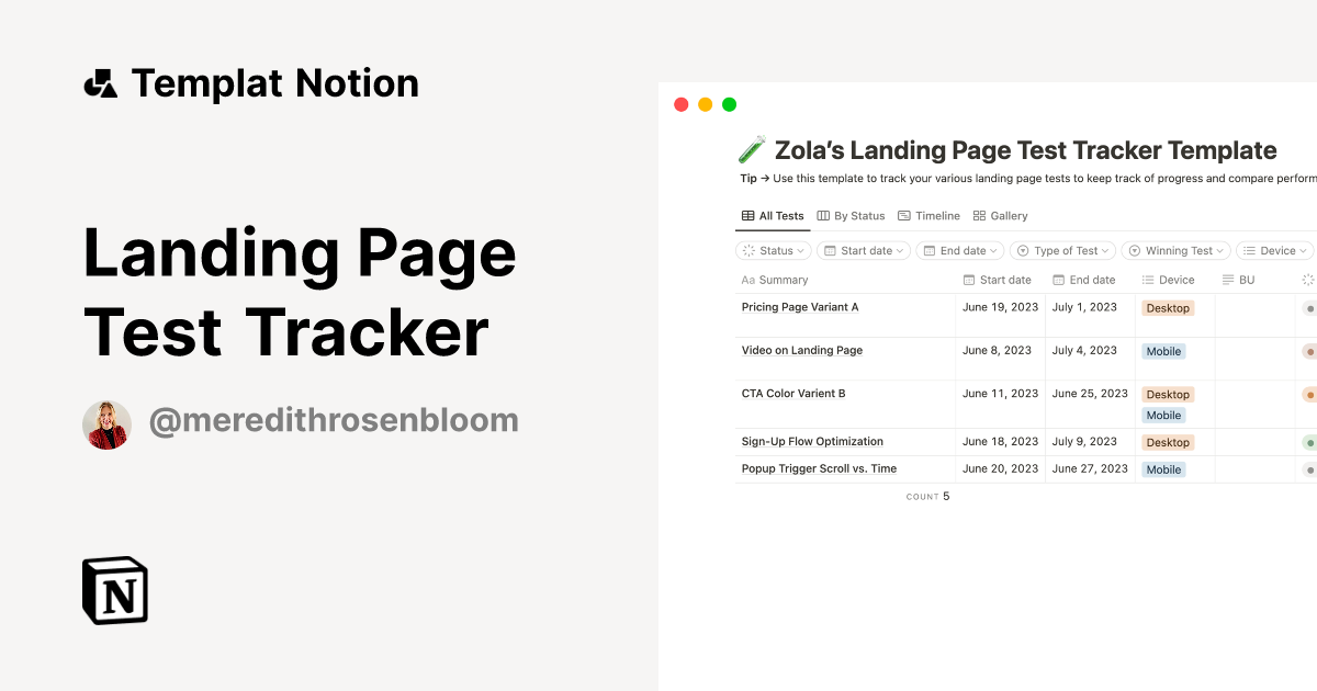Landing Page Test Tracker Templat oleh Meredith Rosenbloom | Notion ...