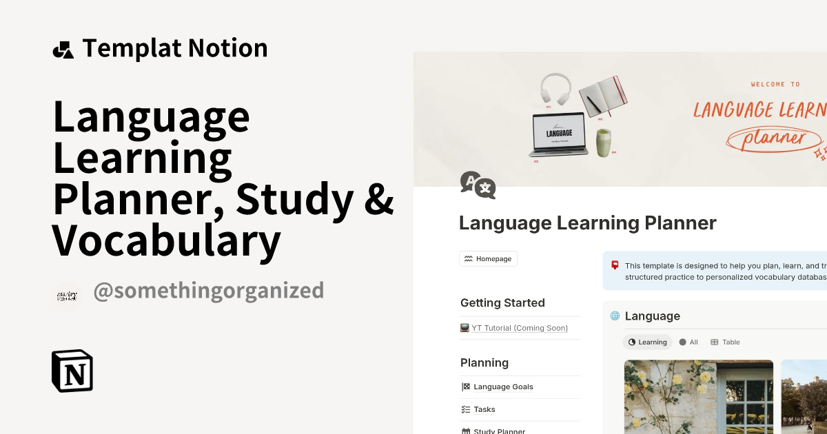 Templat Language Learning Planner, Study & Vocabulary | Notion Marketplace
