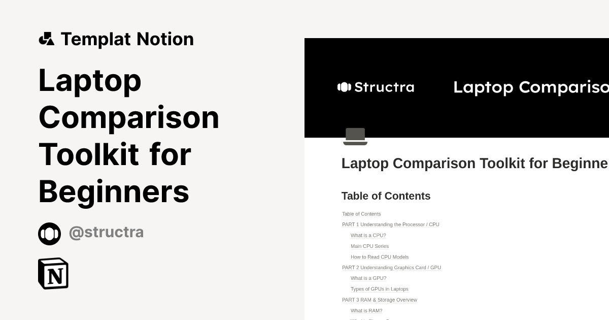 Laptop Comparison Toolkit for Beginners Templat oleh Structra | Notion ...
