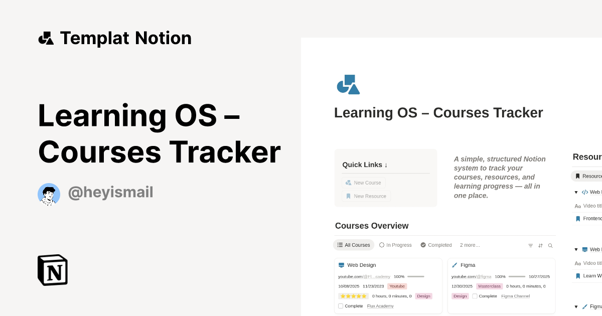 Learning OS – Courses Tracker Templat oleh heyismail | Notion Marketplace