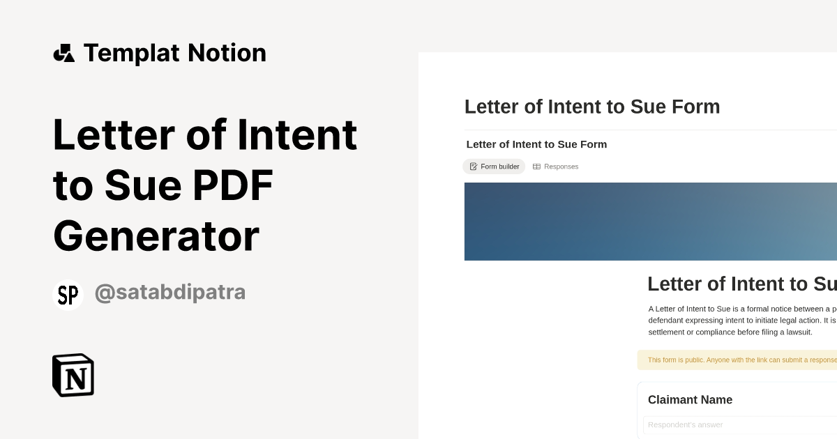 Templat Letter of Intent to Sue PDF Generator | Notion Marketplace