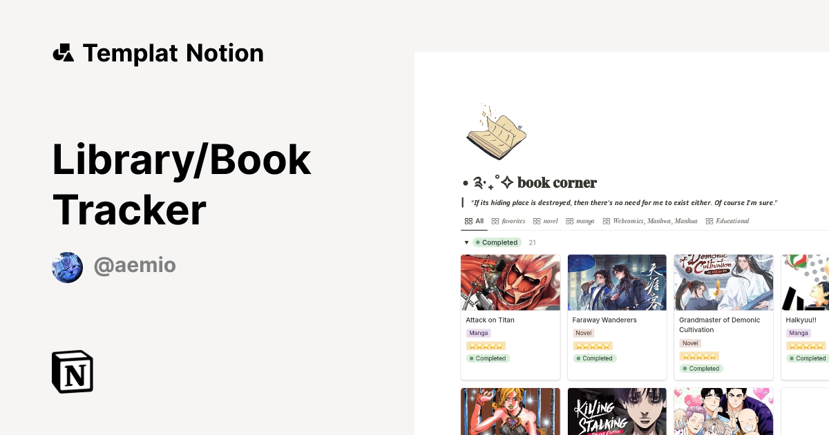 Library/Book Tracker Templat oleh aem.io | Notion Marketplace