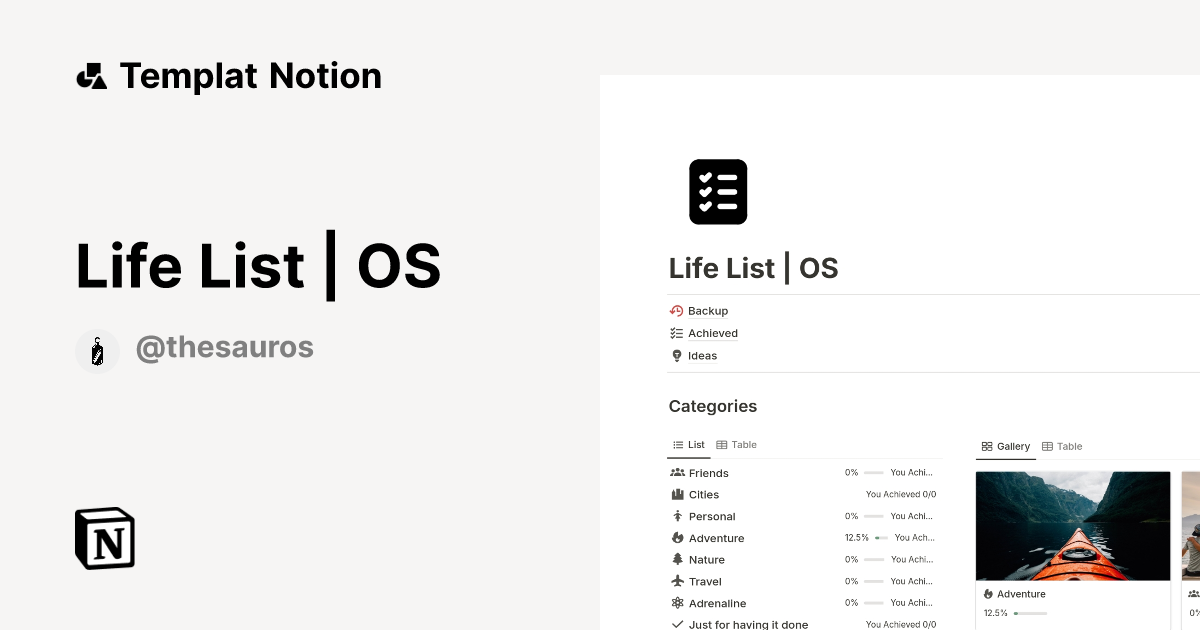 Life List | OS Templat oleh Thesauros | Notion Marketplace