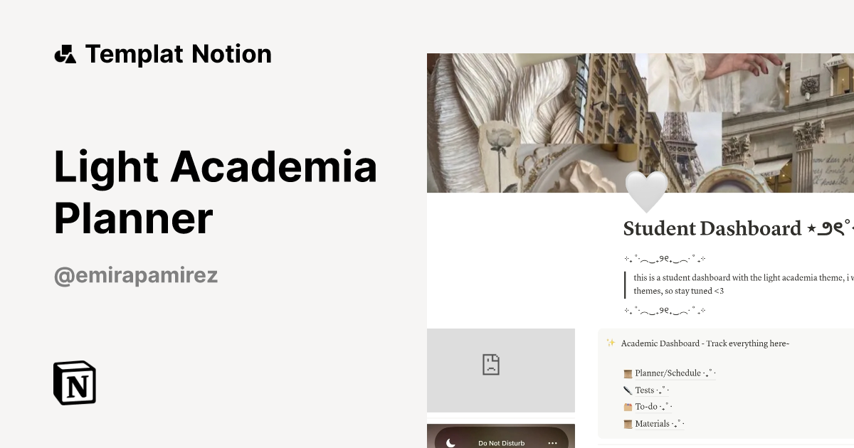 Light Academia Planner Templat oleh Emira Pamirez | Notion Marketplace