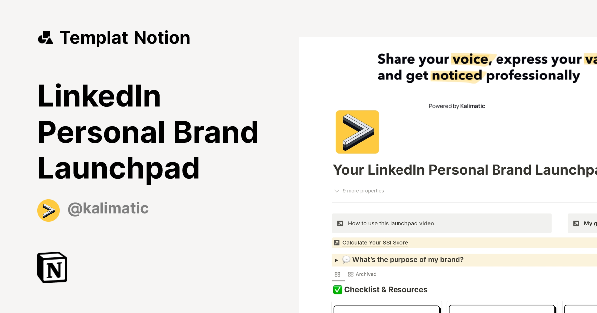 LinkedIn Personal Brand Launchpad Templat oleh Kalimatic | Notion Marketplace
