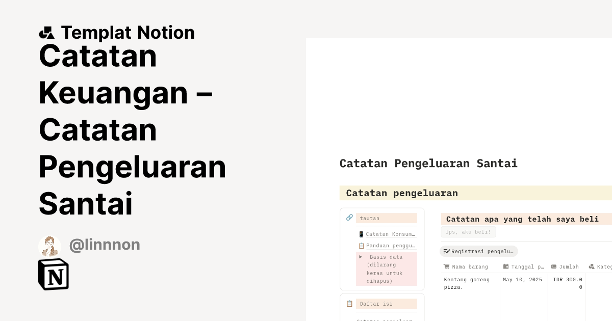 Templat Catatan Pengeluaran Santai | Notion Marketplace