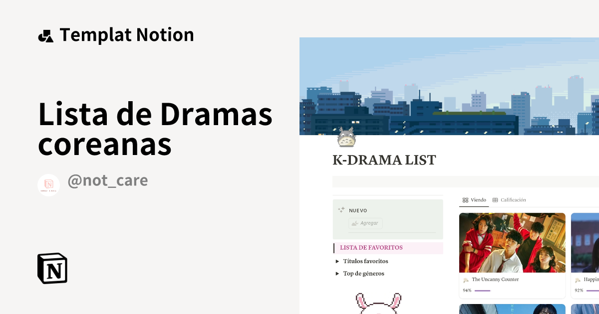 Lista de Dramas coreanas Templat oleh Notio&care | Notion Marketplace