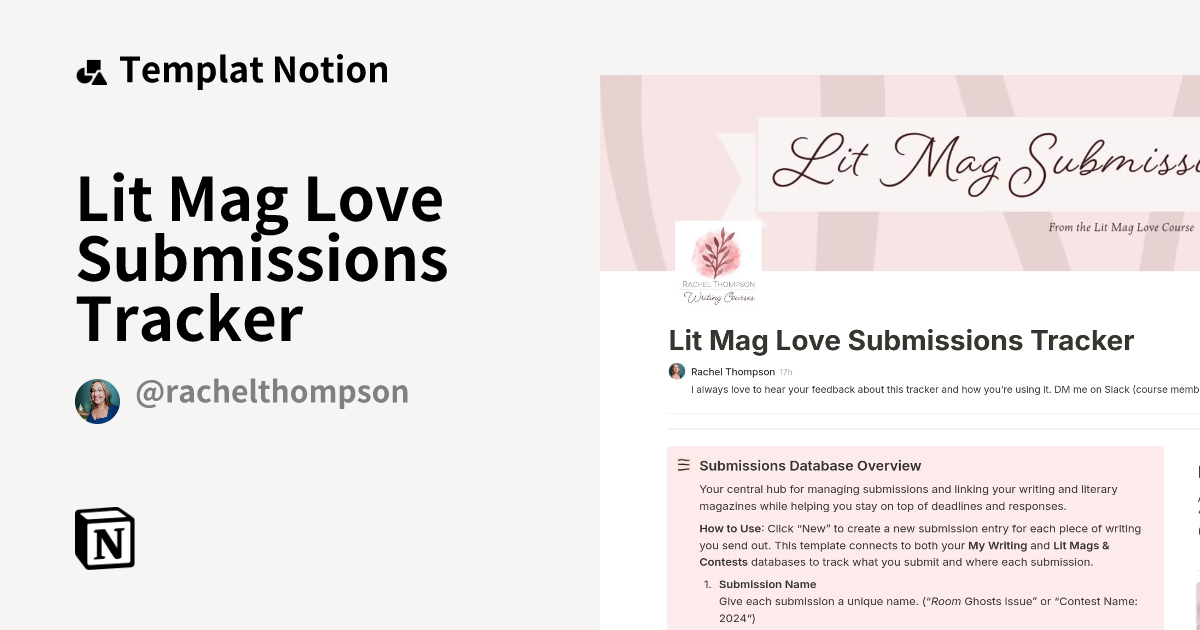 Lit Mag Love Submissions Tracker Templat oleh Rachel Thompson, Writing Courses | Notion Marketplace