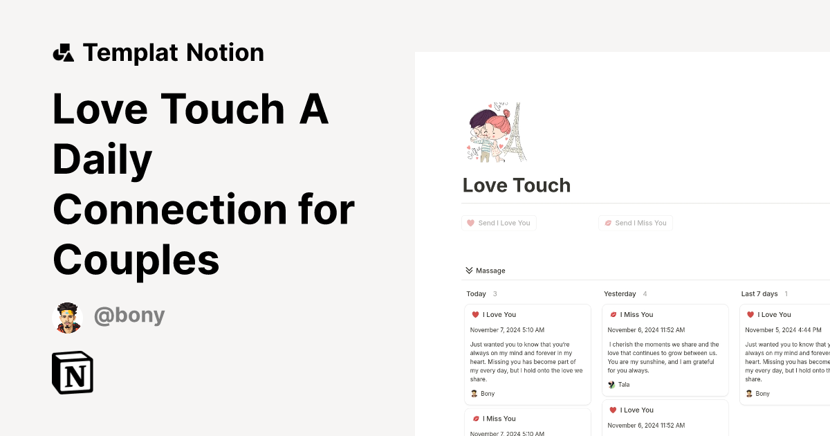 Templat Love Touch A Daily Connection for Couples | Notion Marketplace