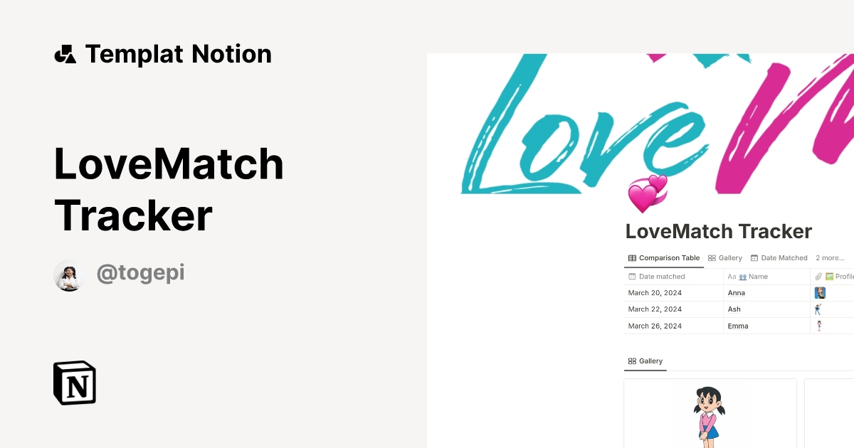 LoveMatch Tracker Templat oleh TogepiLinhVuu | Notion Marketplace
