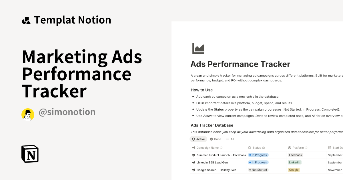 Marketing Ads Performance Tracker Templat oleh Simo | Notion Marketplace