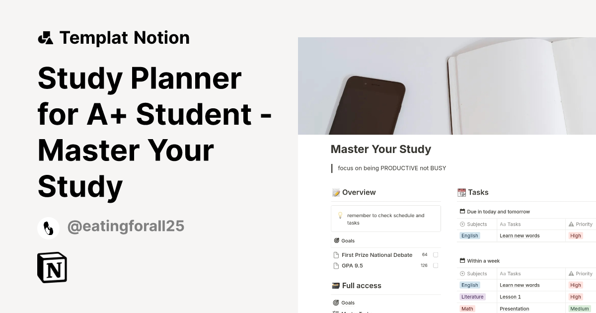 Templat Study Planner for A+ Student - Master Your Study | Notion Marketplace
