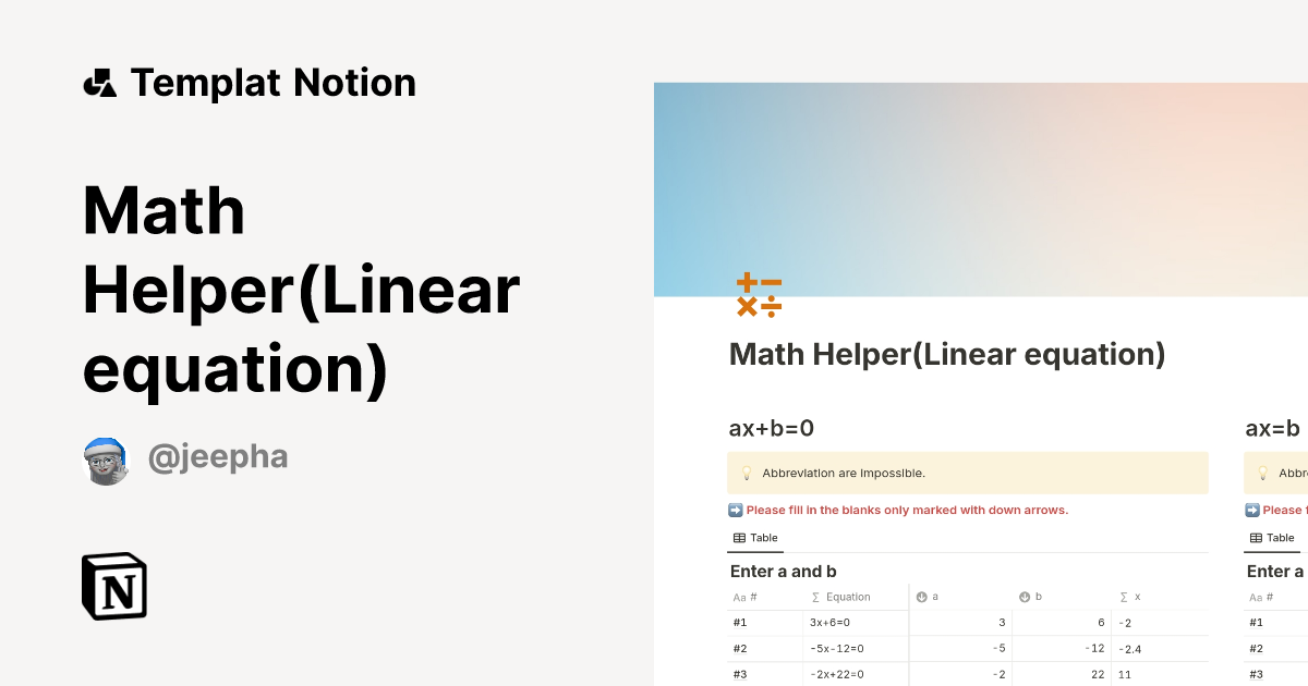 Math Helper(Linear equation) Templat oleh Jeepha | Notion Marketplace
