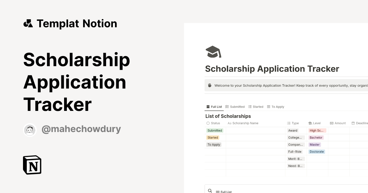 Templat Scholarship Application Tracker | Notion Marketplace