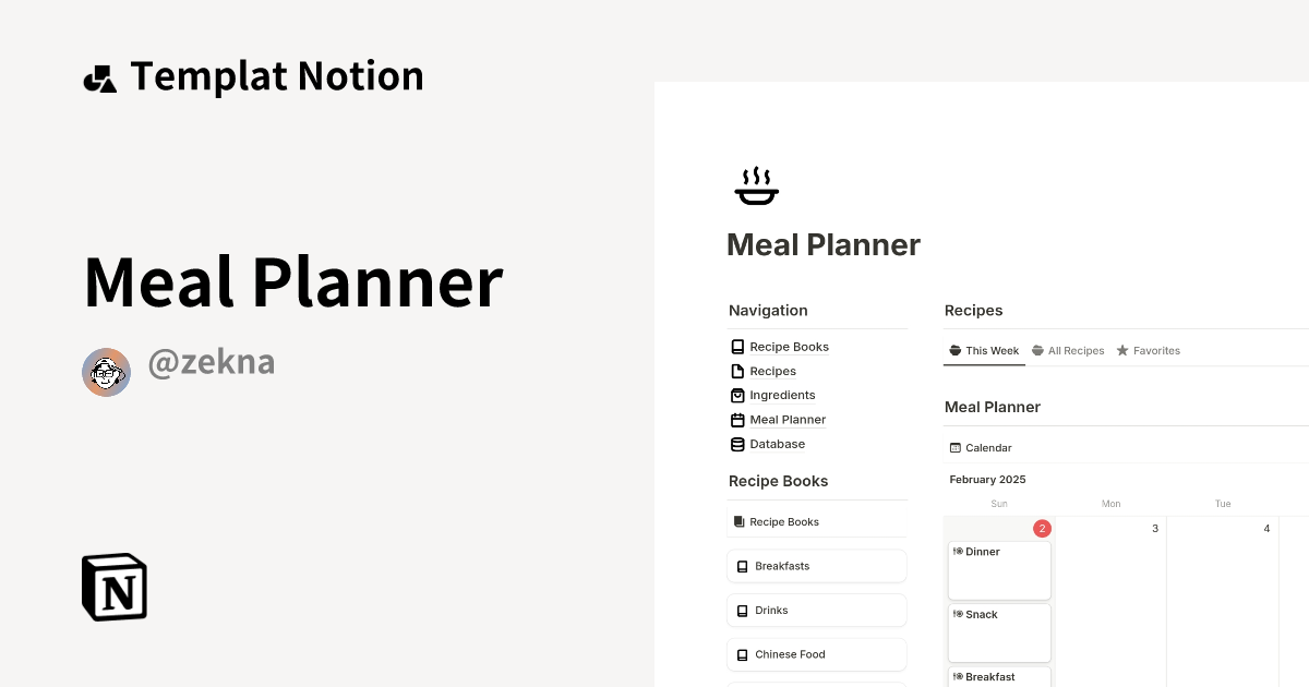 Meal Planner Templat oleh Zekna | Notion Marketplace