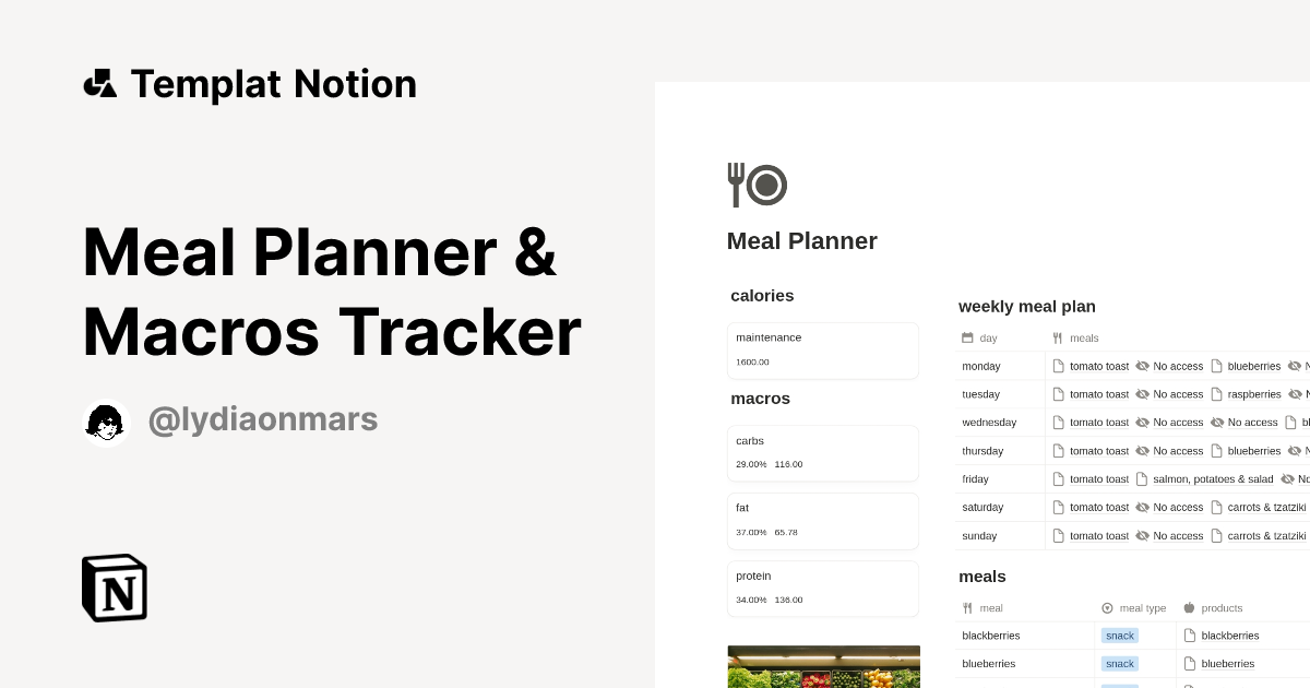 Meal Planner & Macros Tracker Templat oleh Lydia | Notion Marketplace