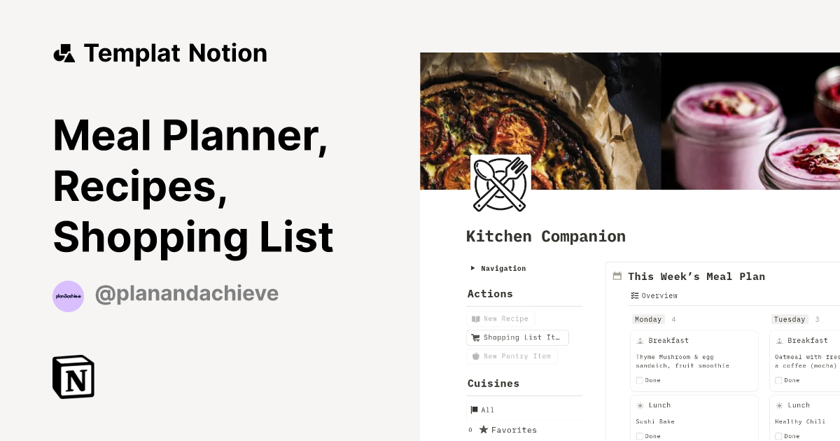 Meal Planner, Recipes, Shopping List Templat oleh Plan and Achieve | Notion Marketplace
