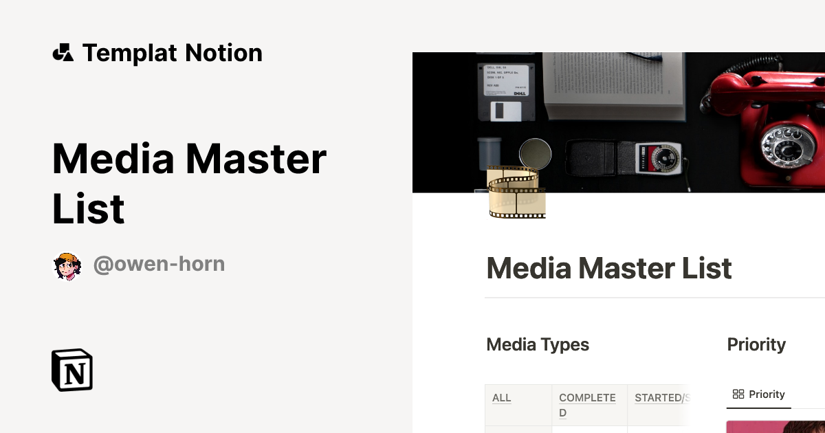 Media Master List Templat oleh Owen Horn | Notion Marketplace