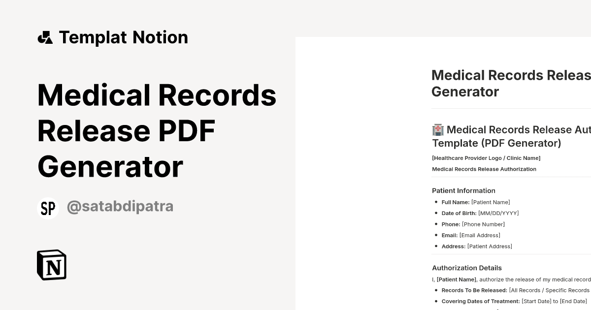 Medical Records Release PDF Generator Templat oleh Satabdi Patra | Notion Marketplace