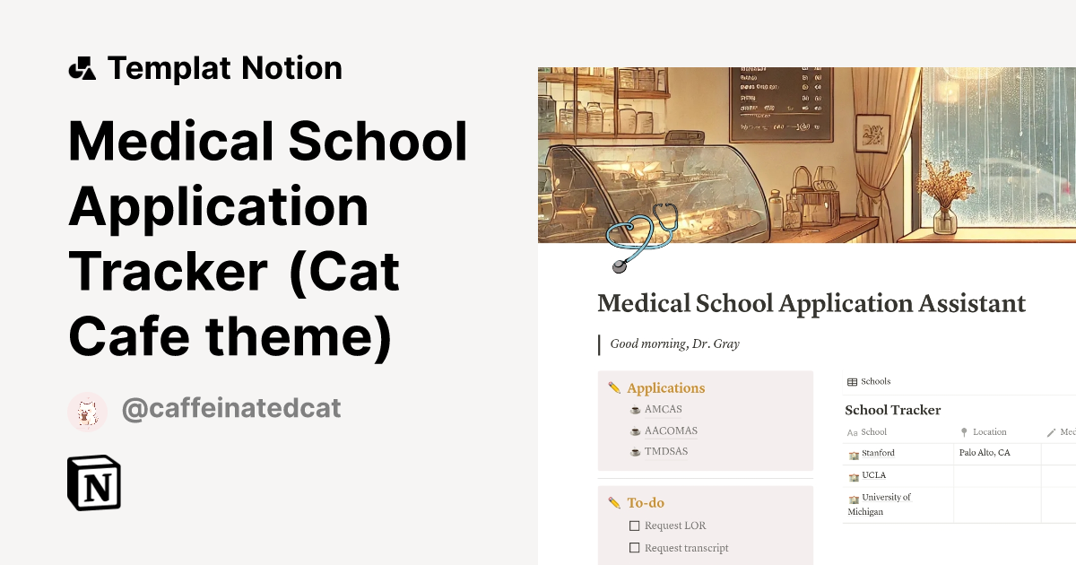 Medical School Application Tracker (Cat Cafe theme) Templat oleh caffeinated cat | Notion ...