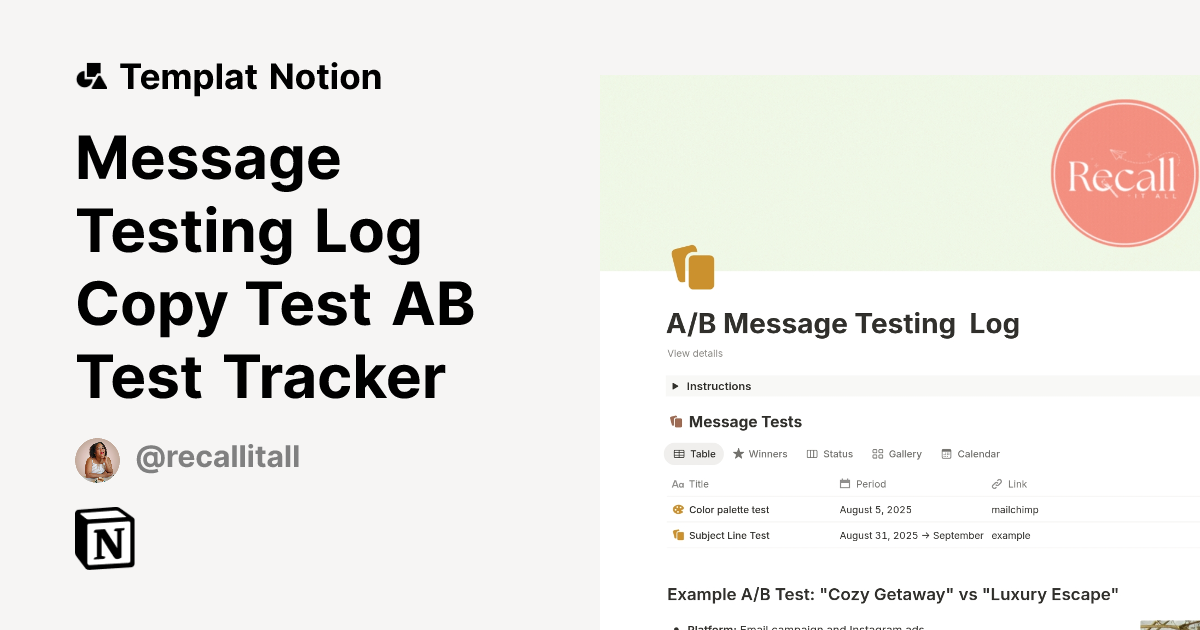 Templat Message Testing Log Copy Test AB Test Tracker | Notion Marketplace