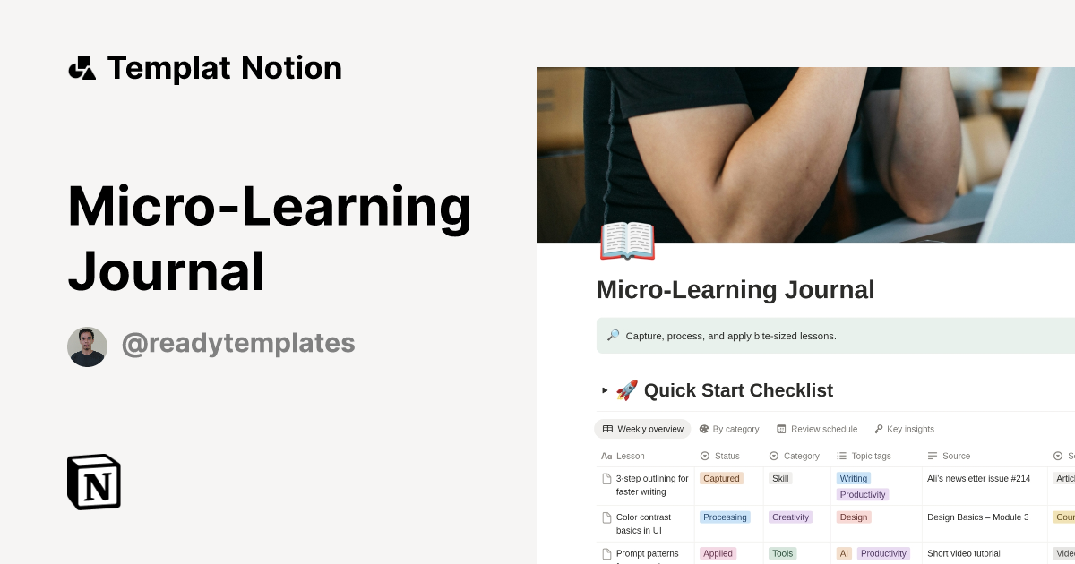 Micro-Learning Journal Templat oleh Ready Templates | Notion Marketplace