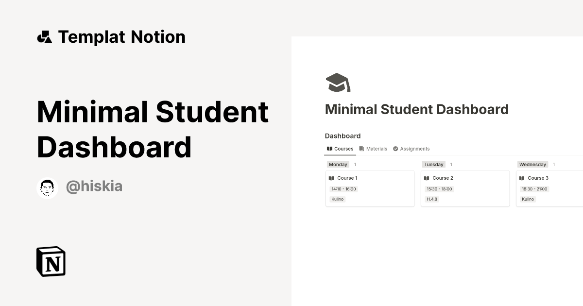 Minimal Student Dashboard Templat oleh Hiskia | Notion Marketplace