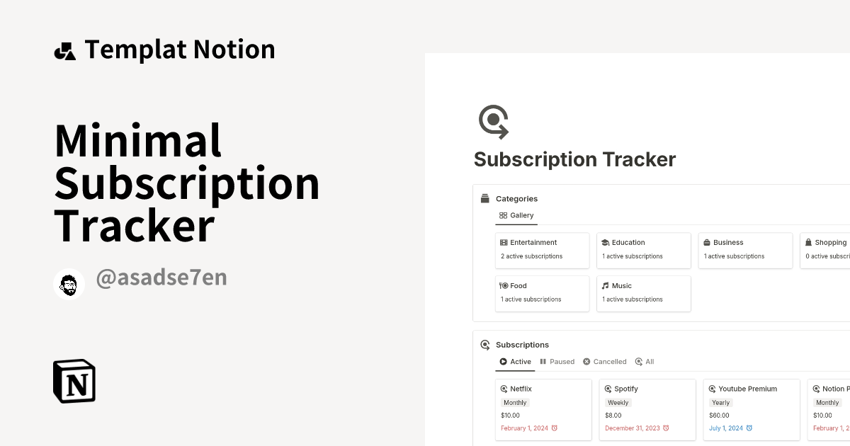 Minimal Subscription Tracker Templat oleh AsAd | Notion Marketplace
