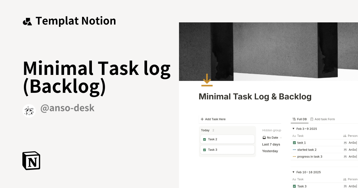Minimal Task log (Backlog) Templat oleh AnSo Desk | Notion Marketplace