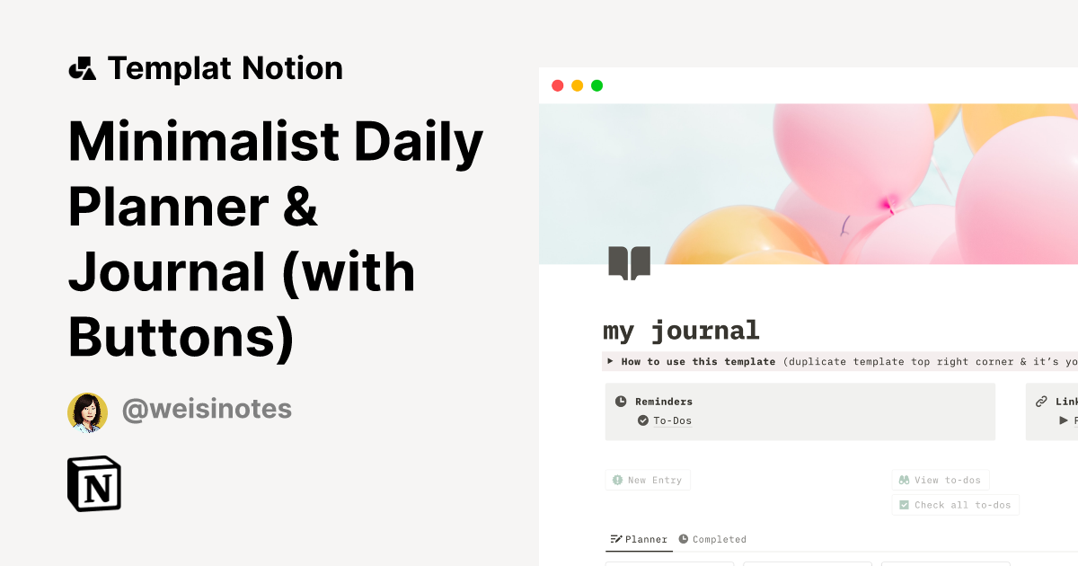 Templat Minimalist Daily Planner & Journal (with Buttons) | Notion Marketplace