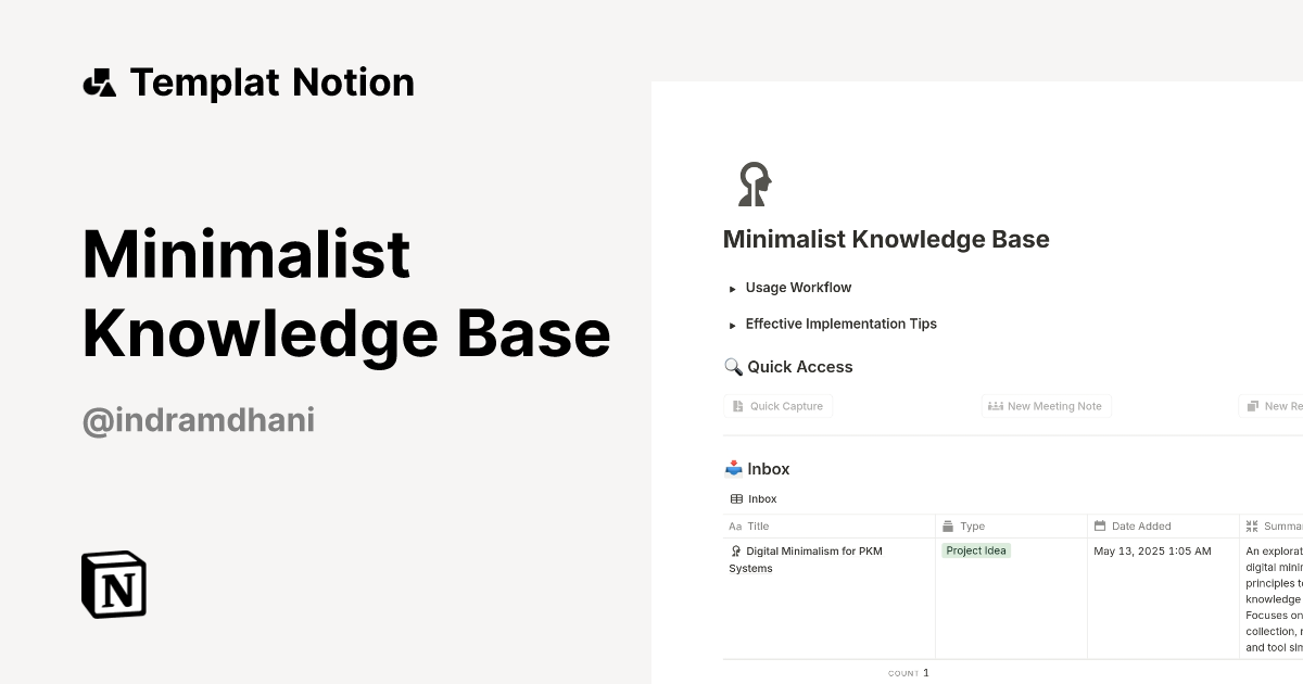 Minimalist Knowledge Base Templat oleh indramdhani | Notion Marketplace