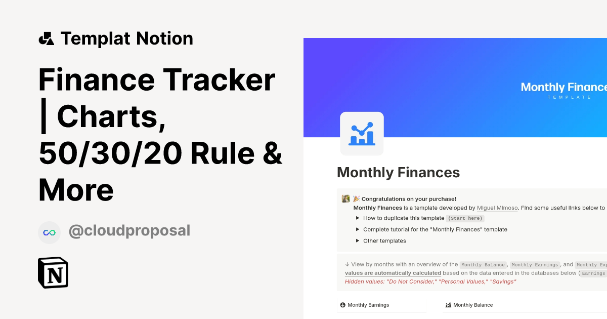 Finance Tracker | Charts, 50/30/20 Rule & More Templat oleh Cloud Proposal | Notion Marketplace