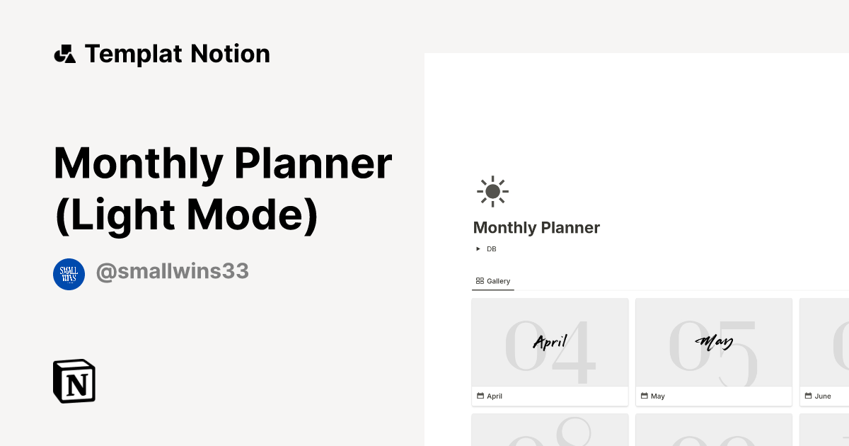 Monthly Planner (Light Mode) Templat oleh Small Wins 小勝利 | Notion Marketplace