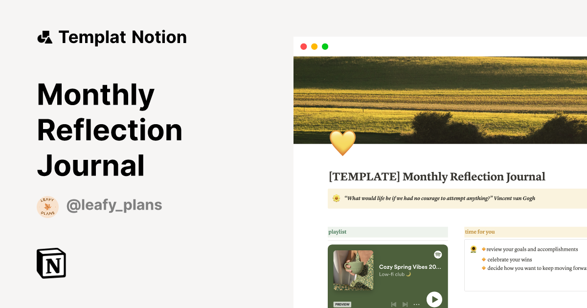 Monthly Reflection Journal Templat oleh Leafy Plans | Notion Marketplace