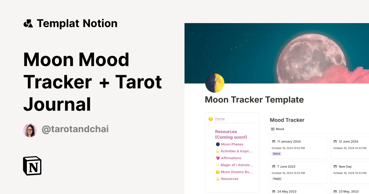 Moon Mood Tracker + Tarot Journal Templat oleh Tarot & Chai | Notion ...