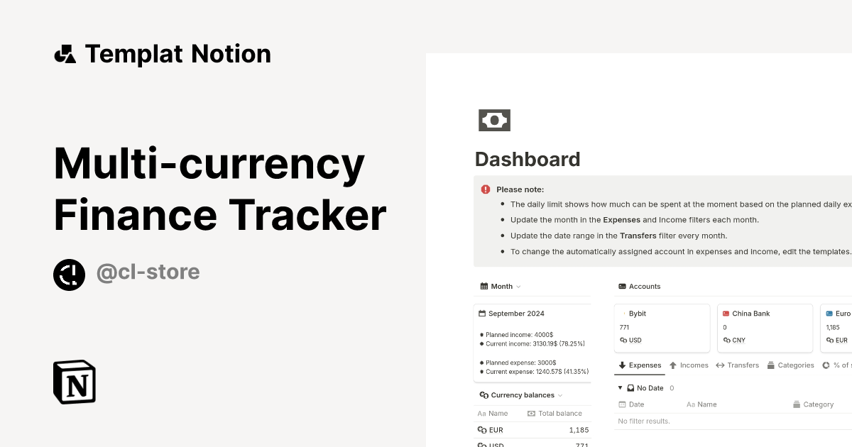Multi-currency Finance Tracker Templat oleh CL Store | Notion Marketplace